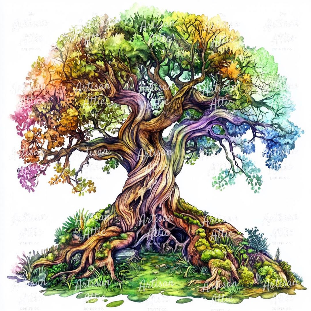 14 Ancient Enchanted Tree Clipart With Twisted Roots and Rainbow Leaves ...