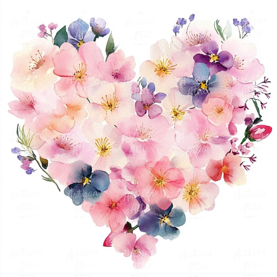 12 Watercolor Floral Heart, Spring Flower Heart Clipart, Romantic ...