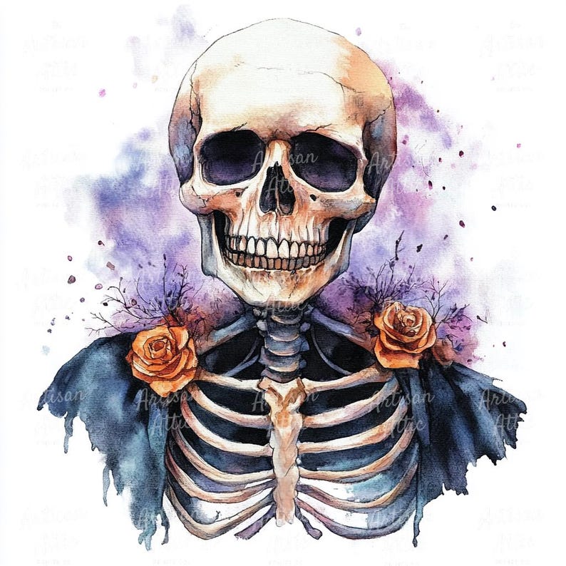 12 Watercolor Skeleton Clip Art, Floral Skull Digital Clipart, Gothic ...