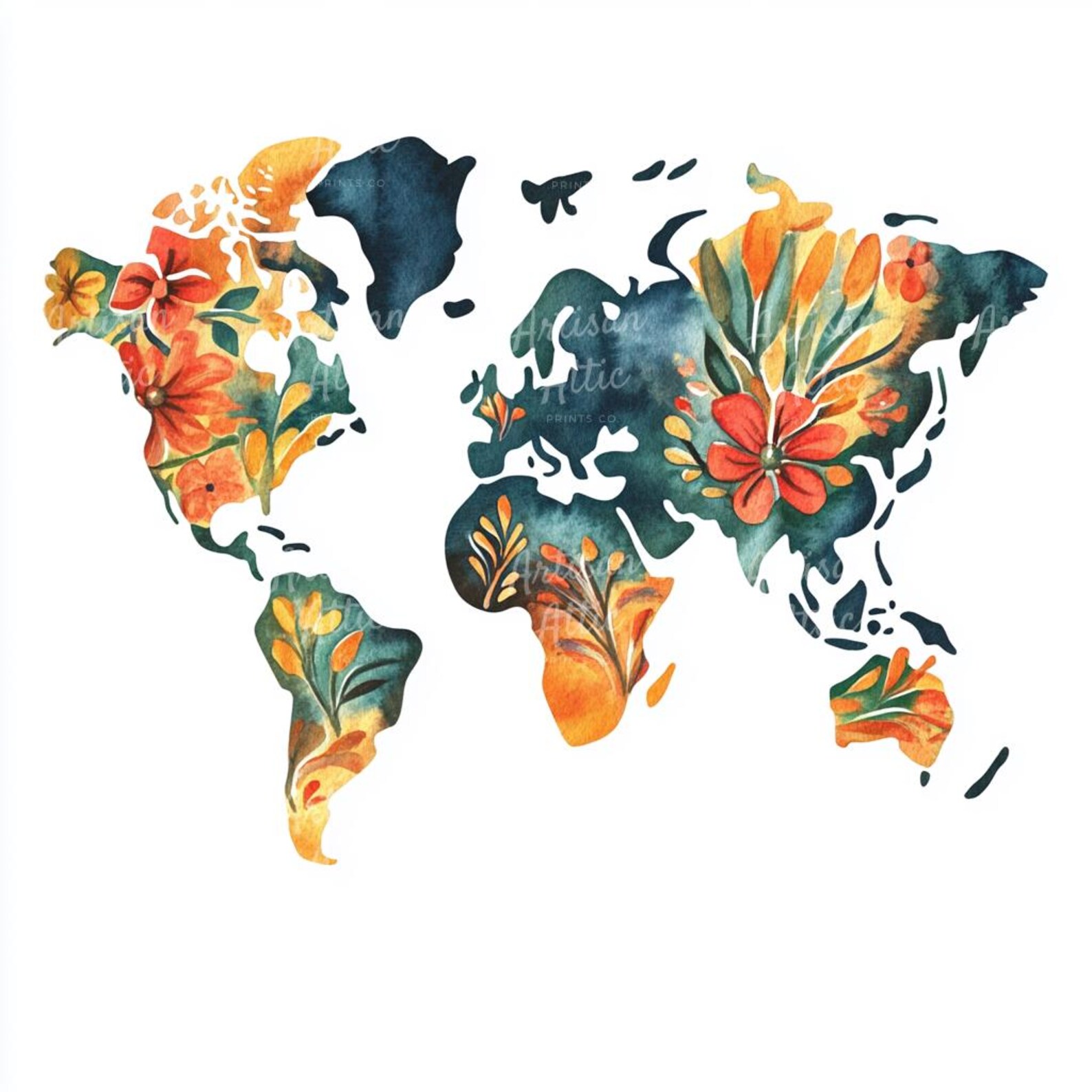 12 Watercolor World Map Clipart | Floral World Map Digital Download ...