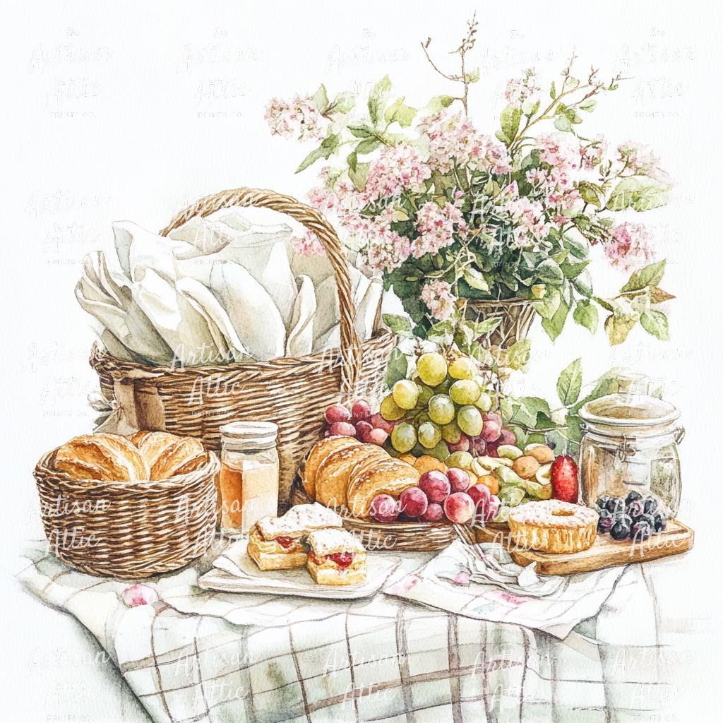 14 Watercolor Picnic Basket Clipart, Rustic Still Life With Fruit ...