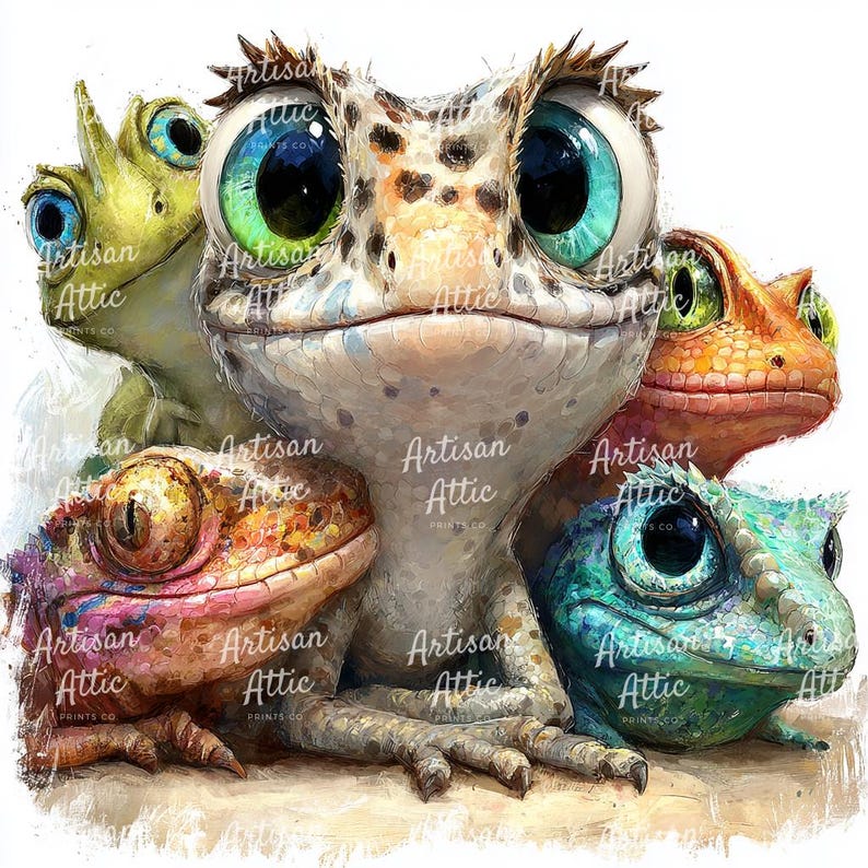12 Quirky Watercolor Image of Smiling Reptiles, Gecos, Perfect Digital ...