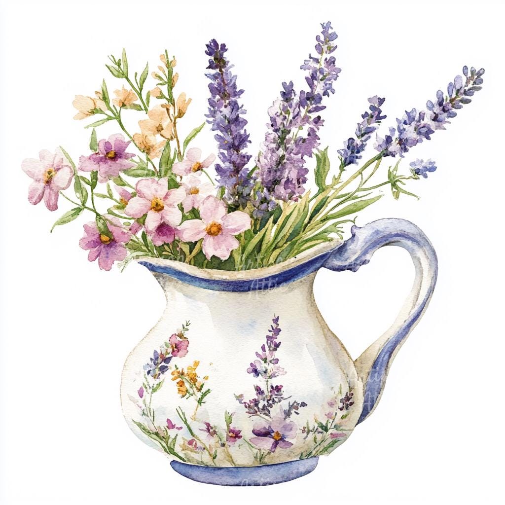 11 Watercolor Floral Pitcher Clipart, Vintage Flower Jug Clipart ...
