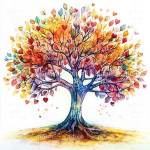 10 Colorful Love Tree Watercolor Clipart With Rainbow Leaves and Hearts ...