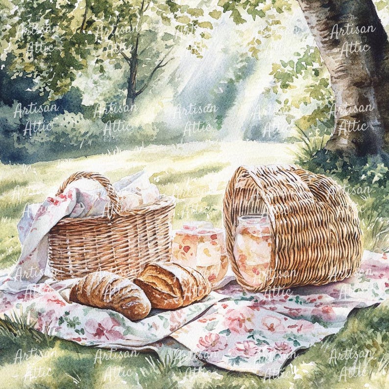 15 Watercolor Picnic Basket Clipart With Bread Loaves and Wicker ...