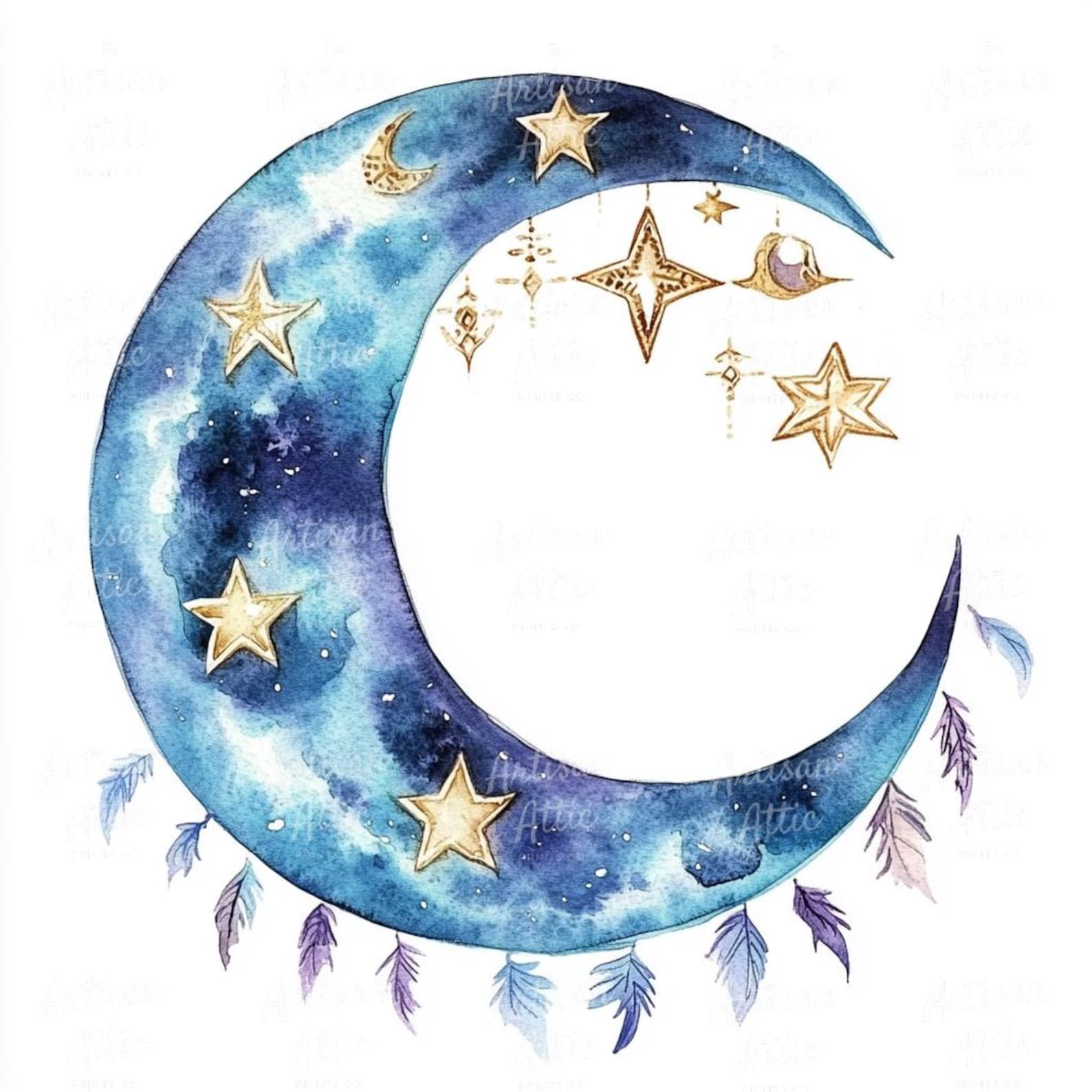 12 Boho Moon and Stars Clipart | Watercolor Moon With Golden Stars ...
