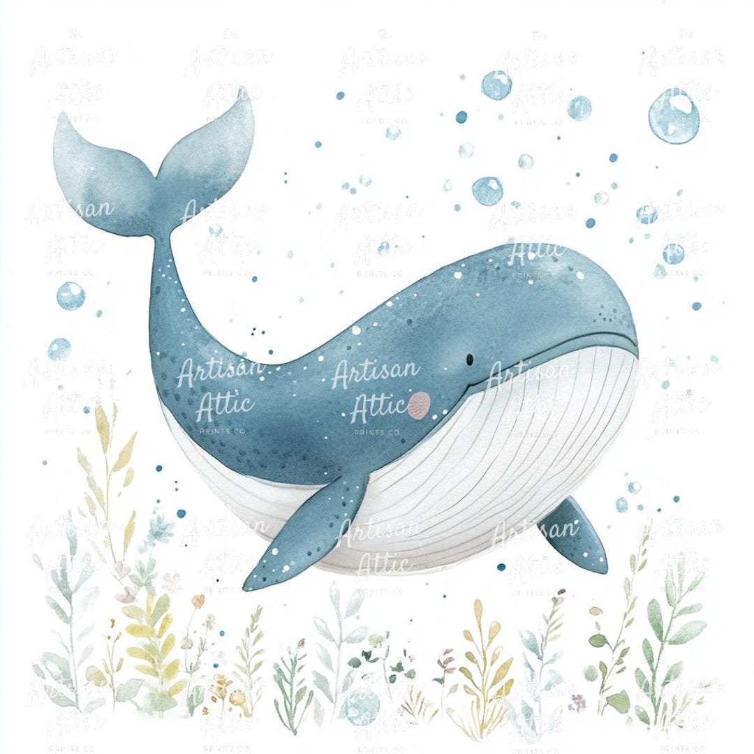 8 Watercolor Blue Whale Clip Art With Coral & Bubbles for Digital ...