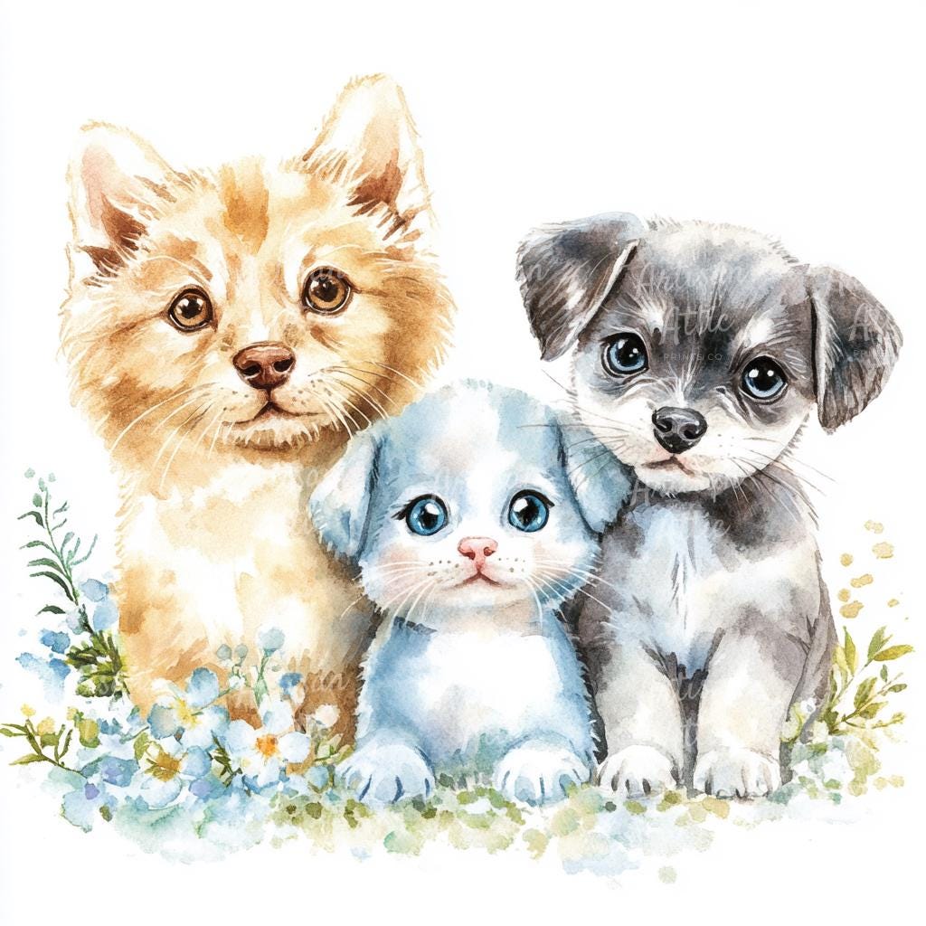 15 Cute Watercolor Kitten and Puppy Clipart, Hand-painted Pet ...