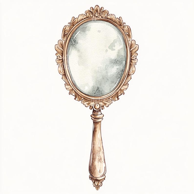 Watercolor Vintage Hand Mirror Clipart, Golden Frame (digital Download ...