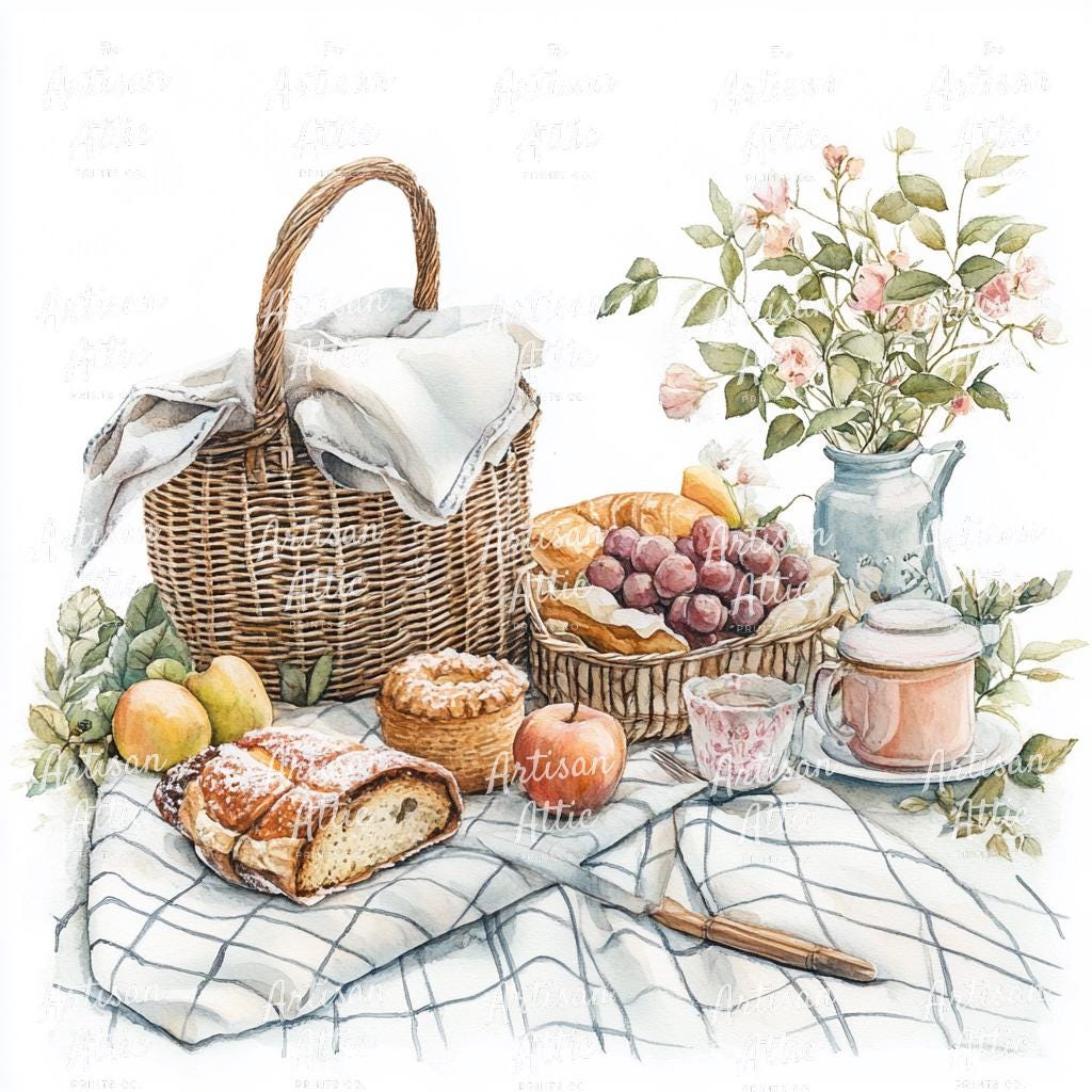 14 Watercolor Picnic Basket Clipart, Rustic Still Life With Fruit ...