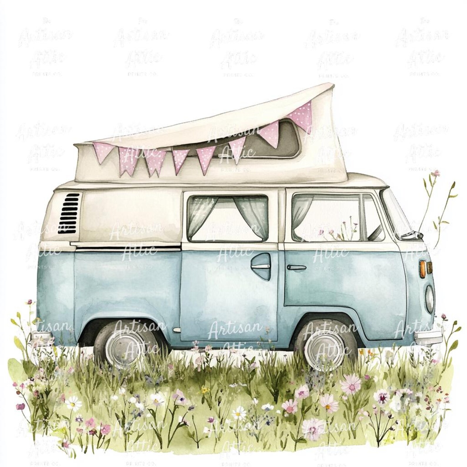 12 Watercolor Retro Campervan Clipart in Wildflower Meadow With Bunting ...