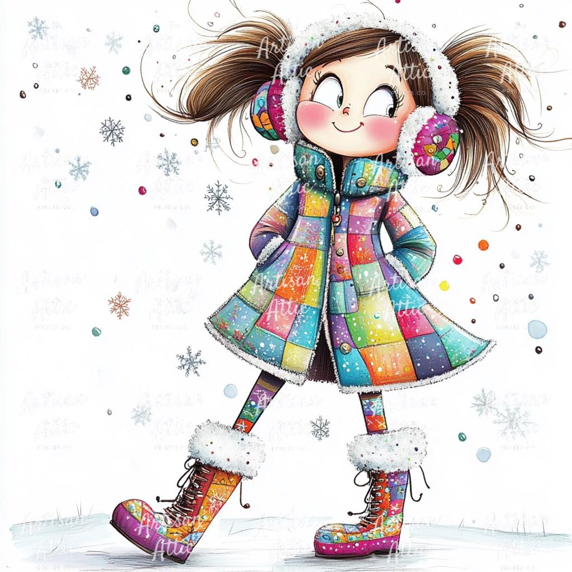 9 Quirky Winter Girl Watercolor Clipart | Rainbow Coat & Earmuffs With ...