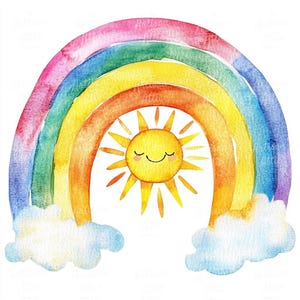 12 Watercolor Sun and Rainbow Clipart, Cute Rainbow Illustration, Happy ...