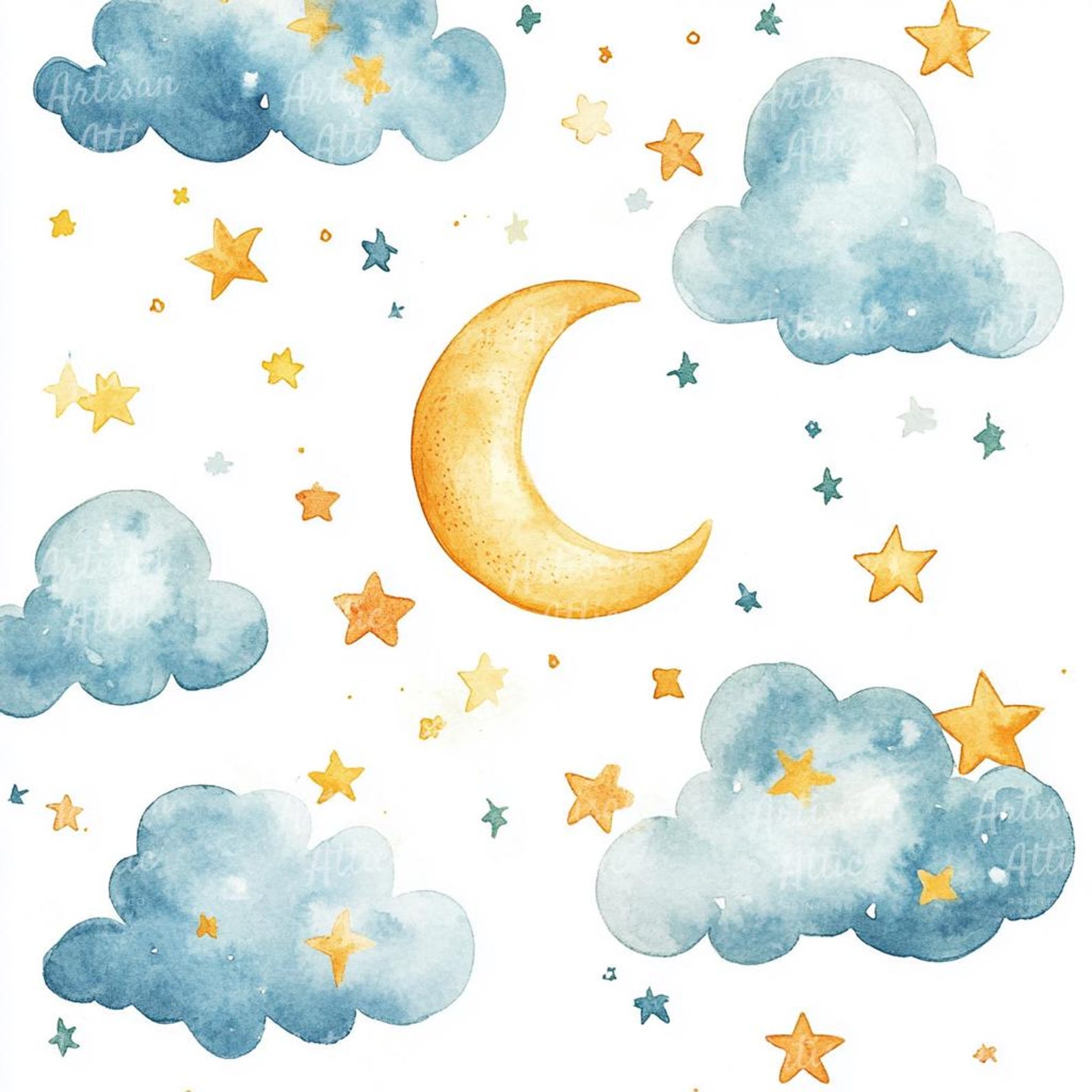 12 Watercolor Night Sky Clipart | Moon and Stars | Clouds and Sun ...
