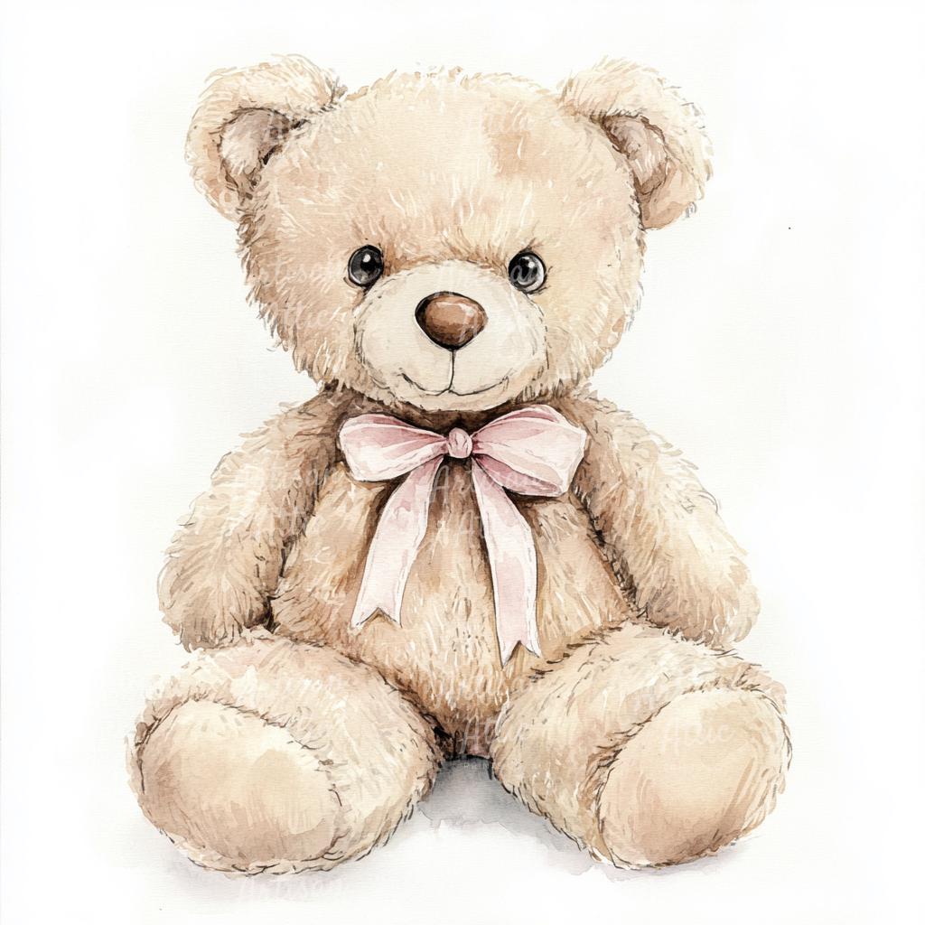 12 Watercolor Teddy Bear Clipart, Cute Bear With Pink Bow, Digital ...