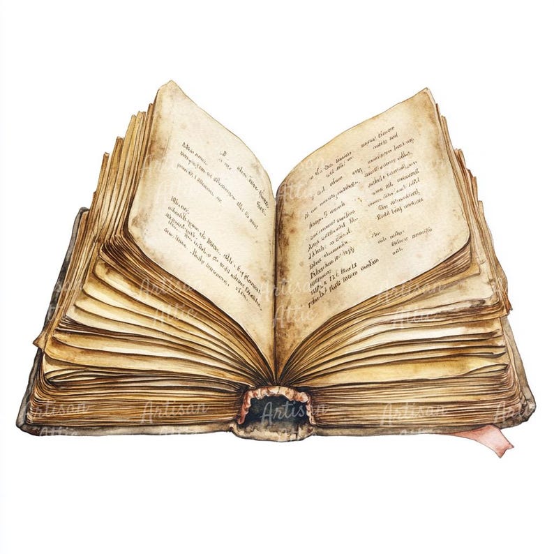 12 Watercolor Open Book Clipart, Vintage Antique Book Illustration, Old ...