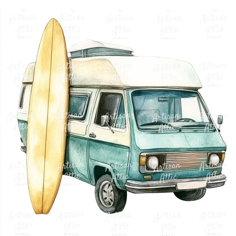 15 Retro Mint Green Camper Van With Surfboard Watercolor Clipart for ...