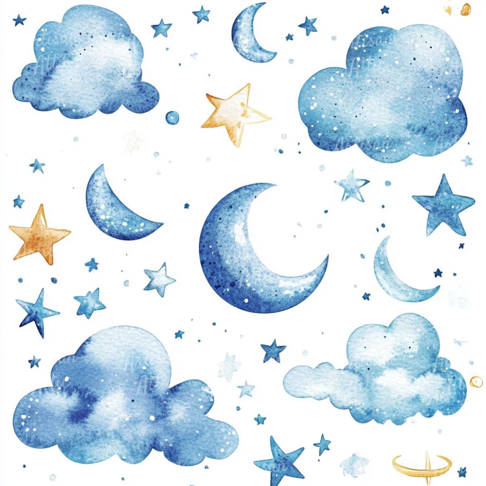 12 Watercolor Night Sky Clipart | Moon and Stars | Clouds and Sun ...