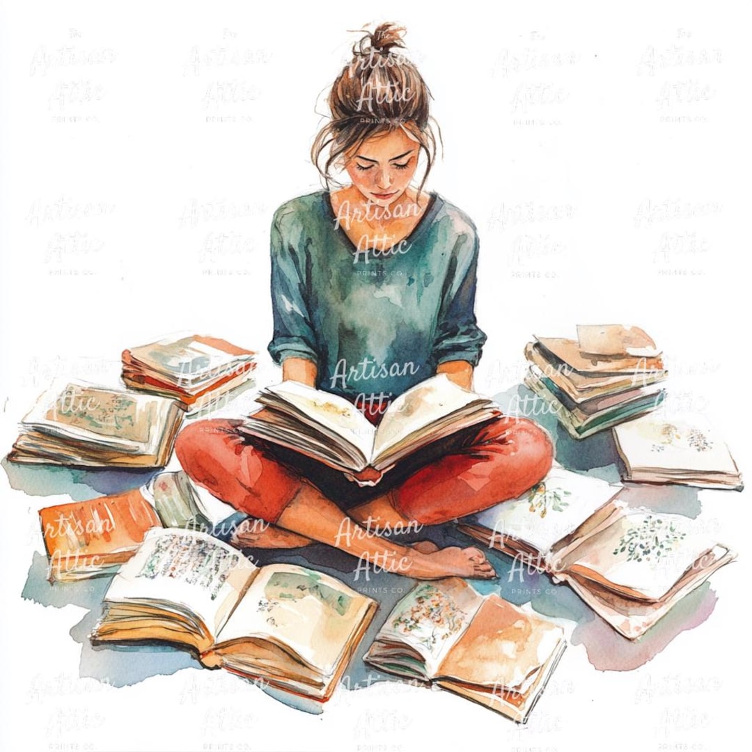 12 Watercolor Clipart of Woman Reading Surrounded by Books for Digital ...