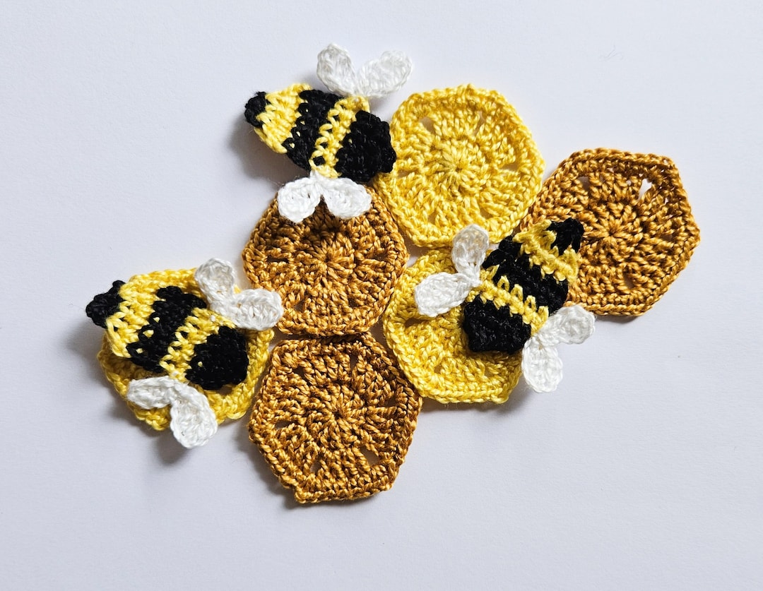 Crochet Bees Applique Small Bees Patches for Sewing Honey Combs Crochet Patches Yellow Bees ...