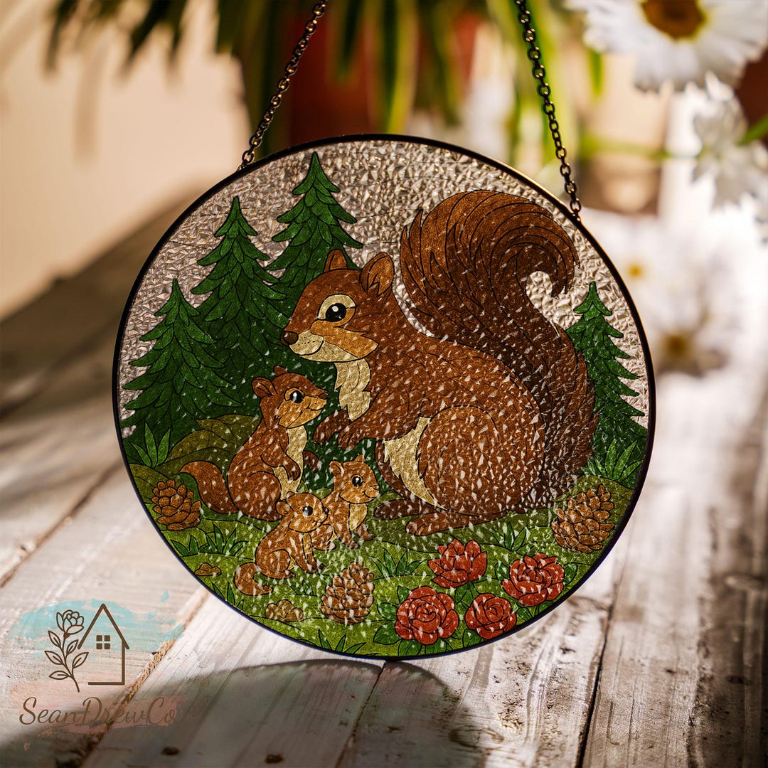 Stained Glass Squirrel Family Suncatcher, Mother Squirrel With Babies ...