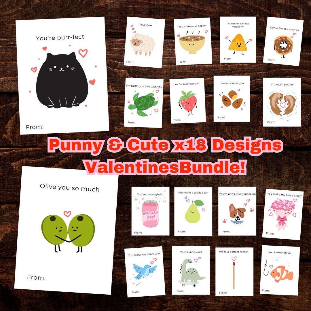 Pun Valentine Cards, Kids Valentines, 18 Designs (printable PDF & PNG ...