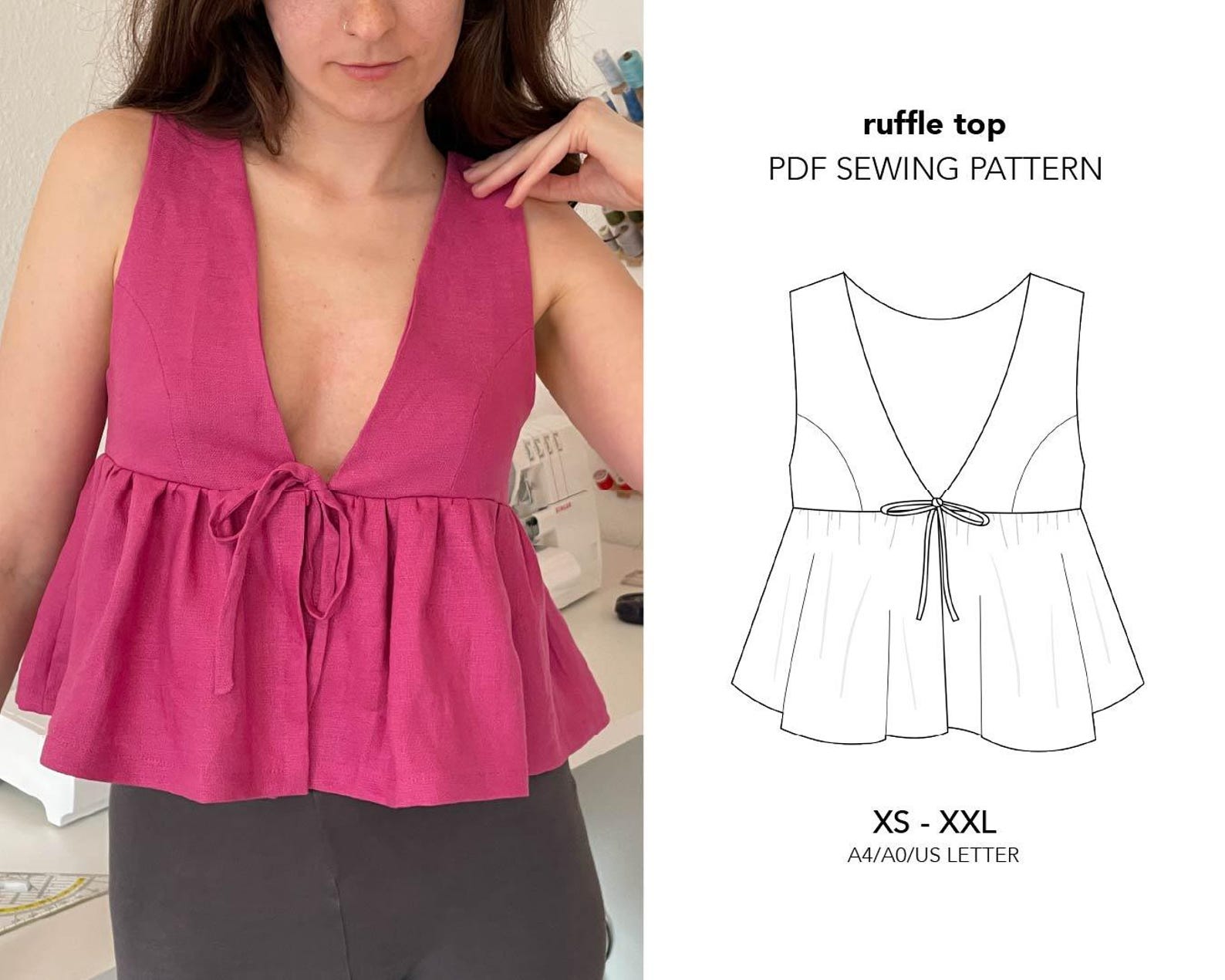 Ruffle Front Tie Top | Digital PDF Sewing Pattern | XS - XXL | Beginner ...