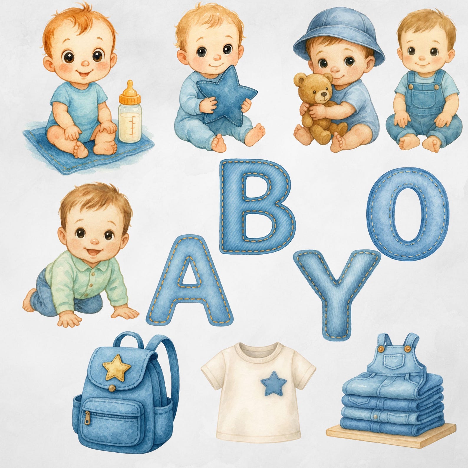Watercolor Baby Boy Clothesline Clipart, Adorable Nursery Art, Digital ...