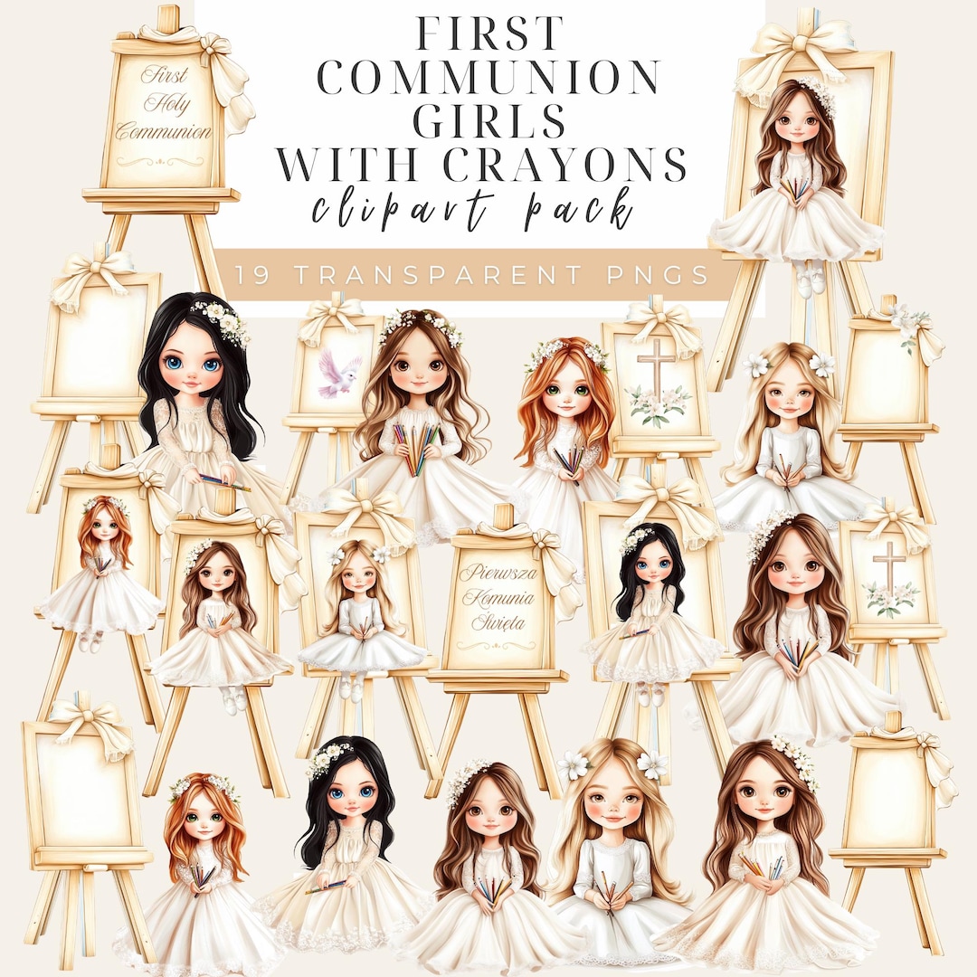 First Communion Girl Clipart | Crayons Communion PNG | White Dress Girl ...