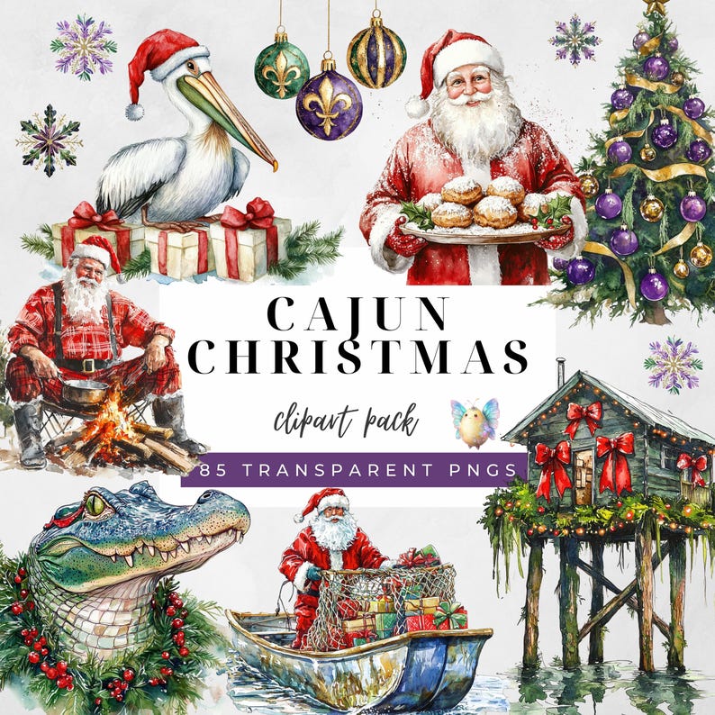 Cajun Christmas Clipart, Watercolor Cajun Santa and Alligator Clip Art ...