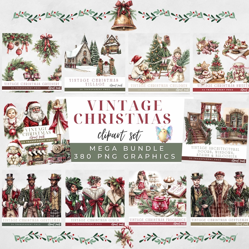 Vintage Christmas Clipart Bundle, Retro Holiday Illustrations, Vintage ...