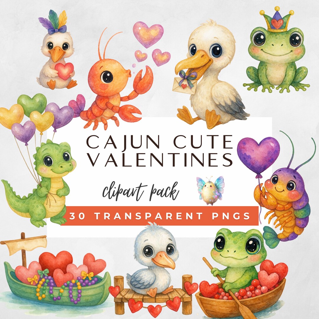 Cajun Cute Valentines Clipart, Watercolor Swamp Love Graphics ...
