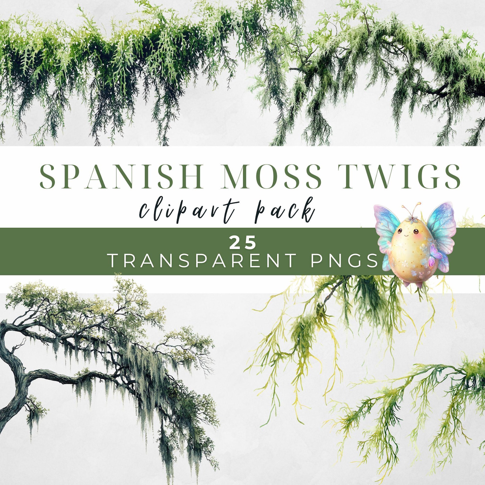 Spanish Moss Clipart | Elegant Hanging Moss PNG | Boho Wedding Clipart ...