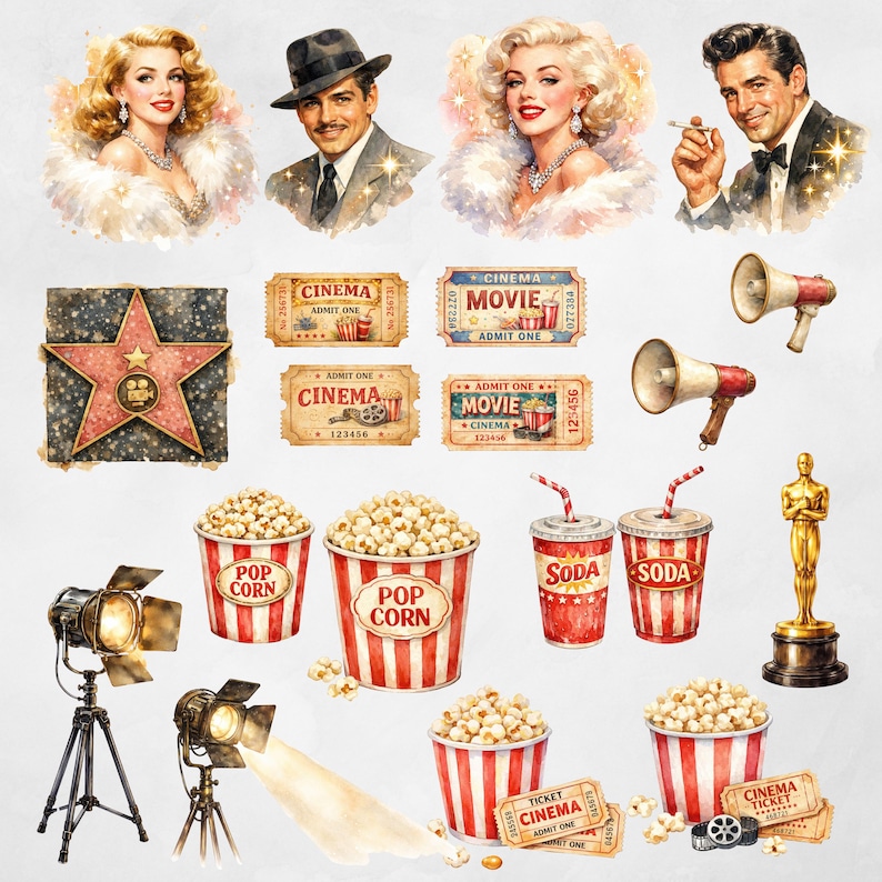 Hollywood Theme Clipart Bundle – Vintage Movie Star Pngs, Digital ...