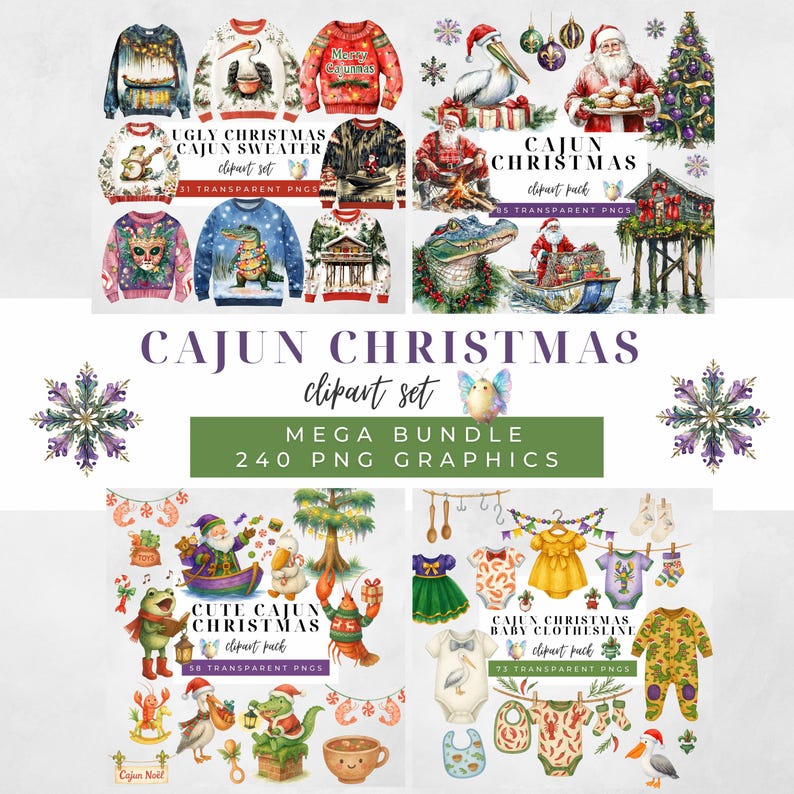 Cajun Christmas Bundle Clipart, Watercolor Cajun Santa and Alligator ...