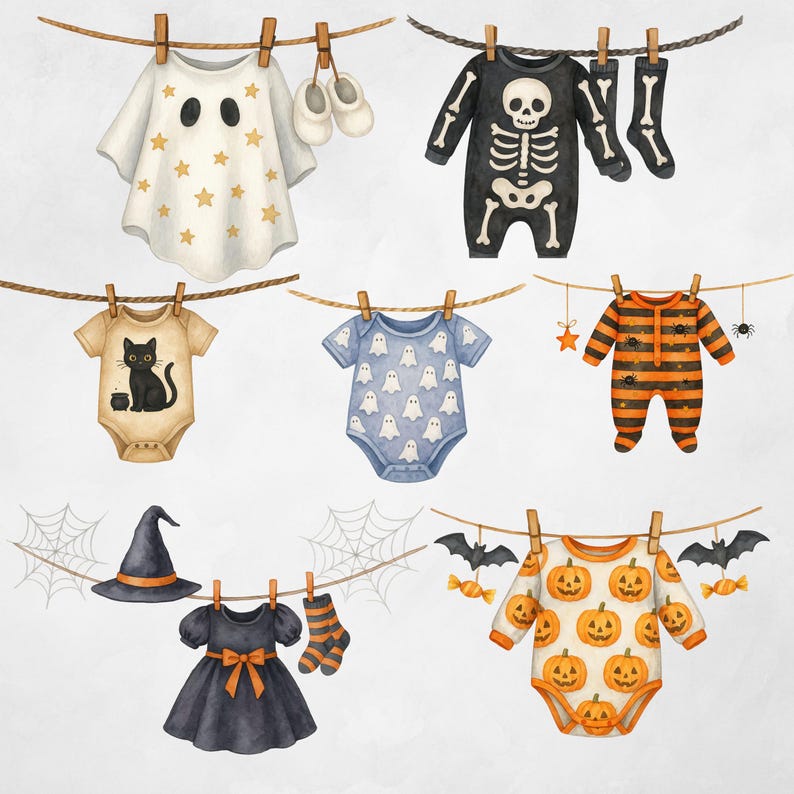 Halloween Clothes Line Clipart, Watercolor Clothesline Clip Art, Baby ...