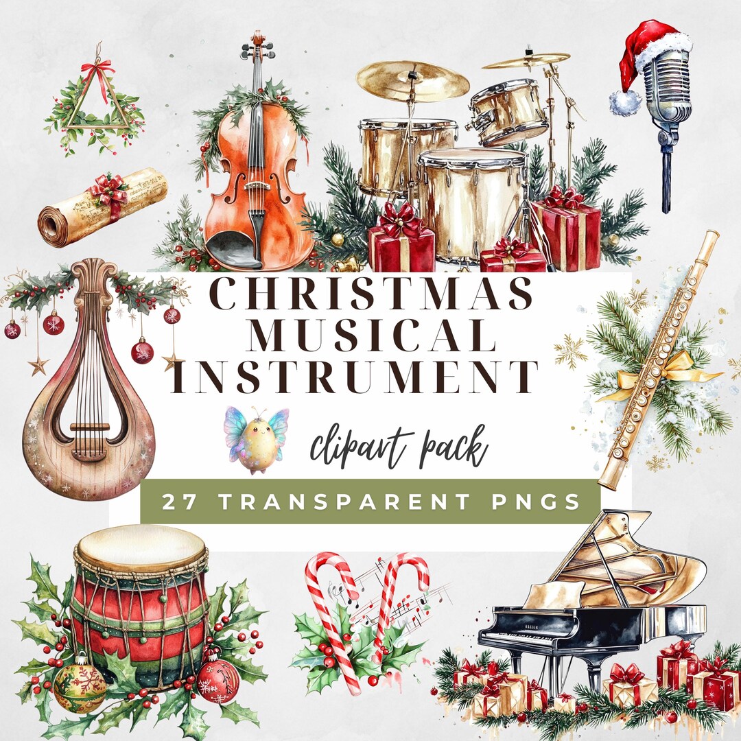 Watercolor Holiday Music, Musical Instrument Christmas Clipart, Music ...