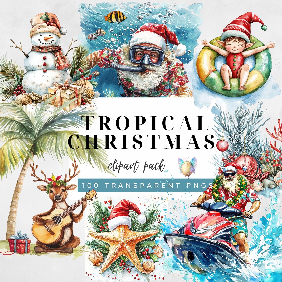 Tropical Christmas Clipart, Beach Santa, Beach Santa, Flamingo, Snowmen ...