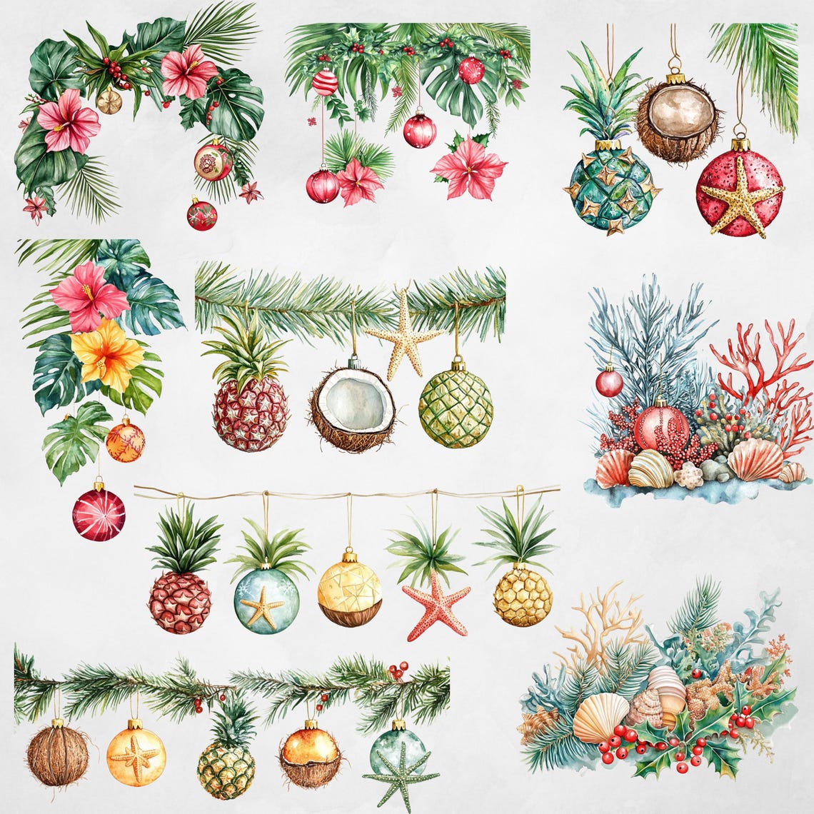 Tropical Christmas Clipart, Beach Santa, Beach Santa, Flamingo, Snowmen ...