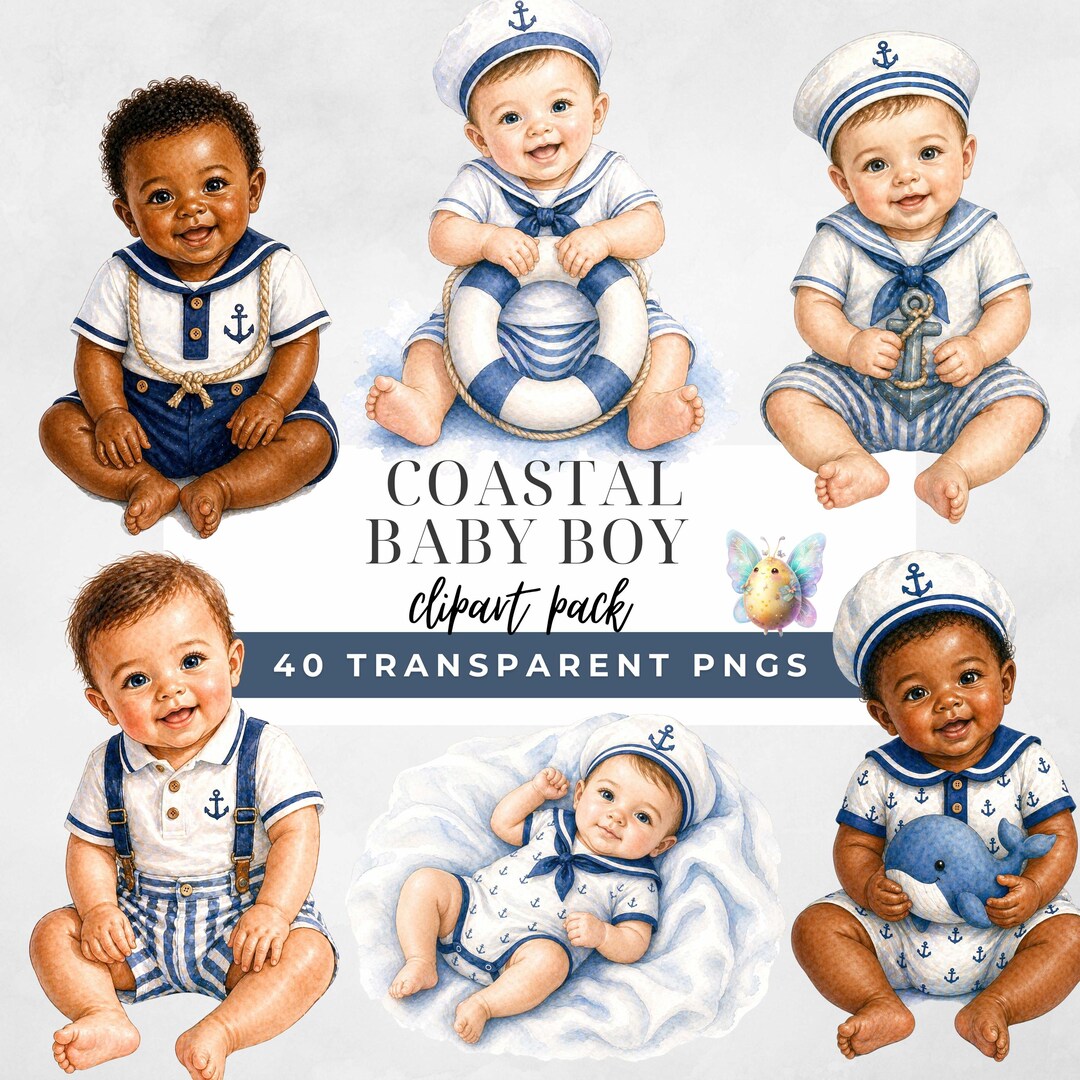 Coastal Baby Boy Clipart, Cute Nautical Nursery Art, Watercolor Baby ...