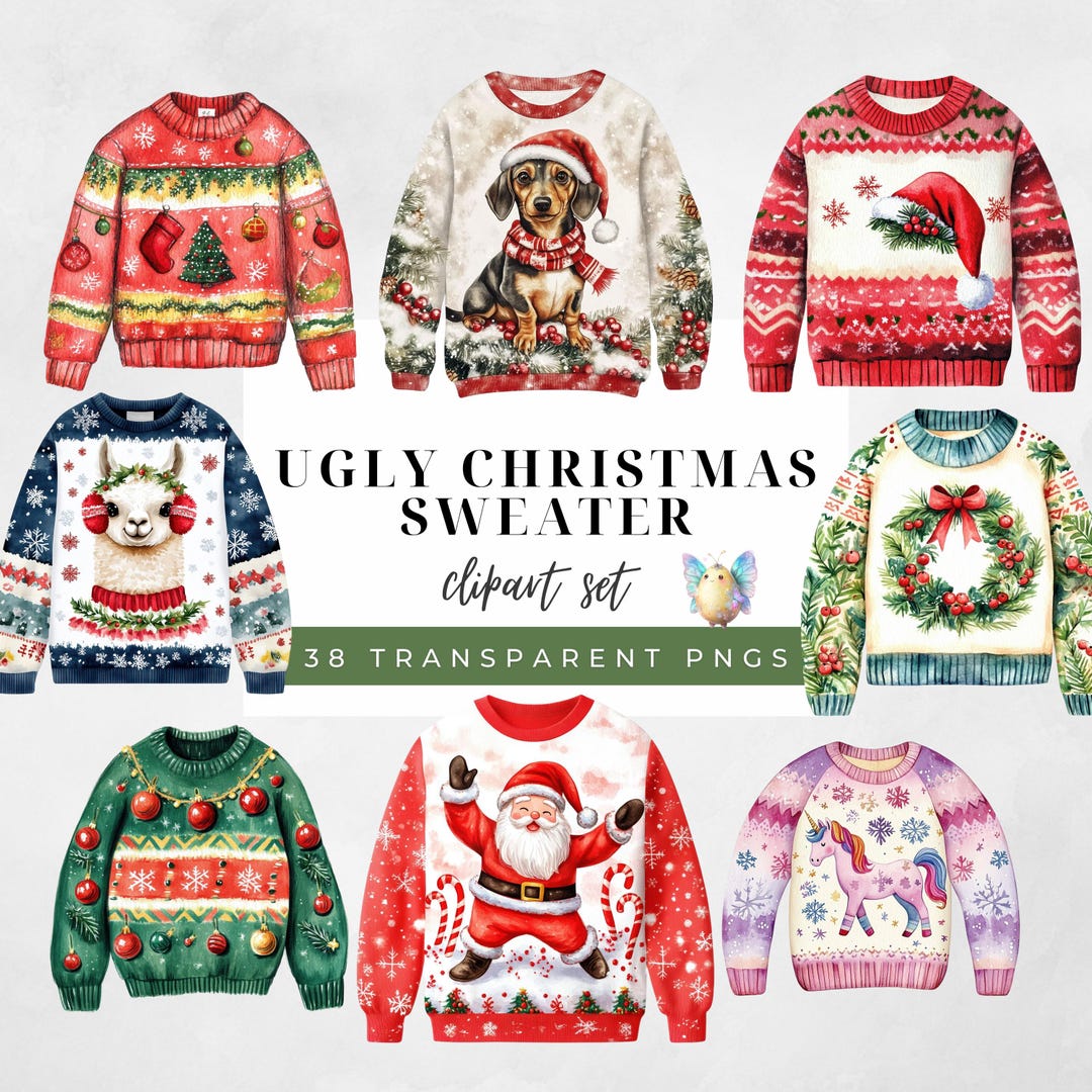 Ugly Christmas Sweater Clipart | Watercolor Holiday Sweaters | Cute ...