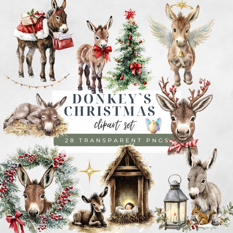 Christmas Donkey Clipart, Watercolor Donkey, Cute Farm Animal Holiday ...