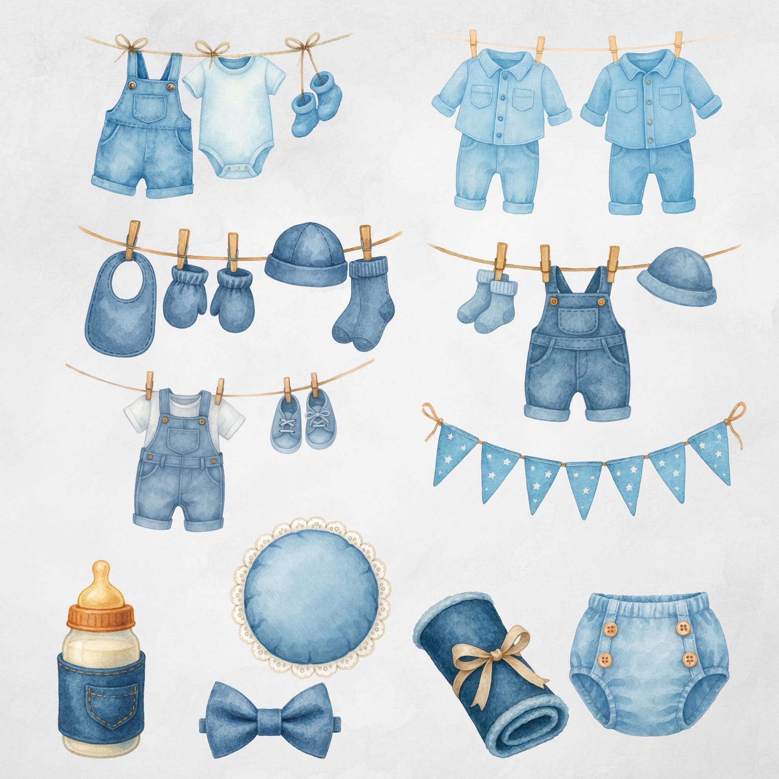 Watercolor Baby Boy Clothesline Clipart, Adorable Nursery Art, Digital ...