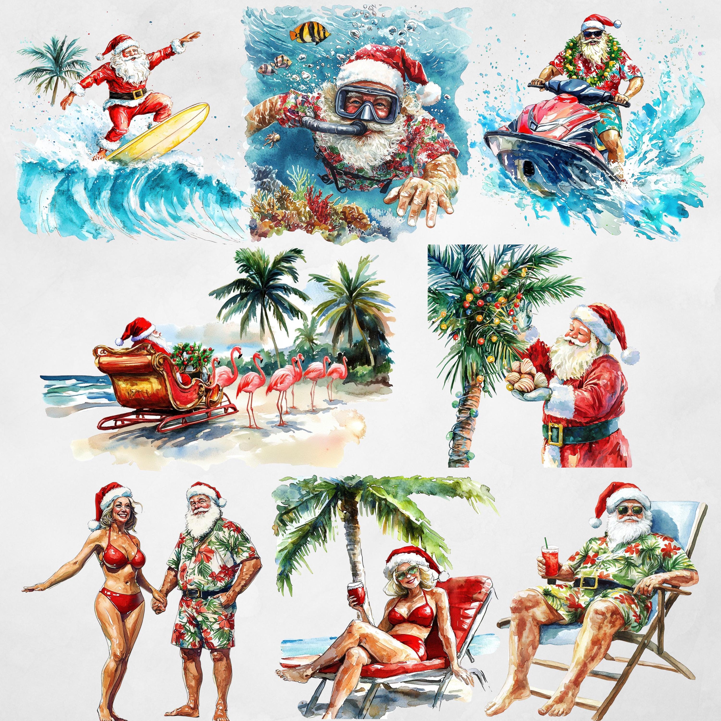 Tropical Christmas Clipart, Beach Santa, Beach Santa, Flamingo, Snowmen ...