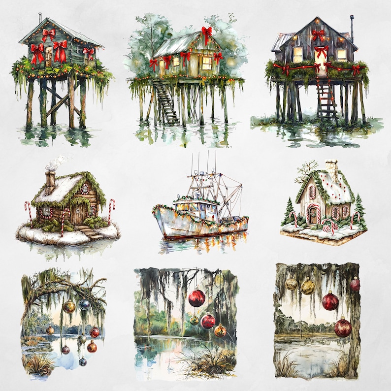 Cajun Christmas Clipart, Watercolor Cajun Santa and Alligator Clip Art ...