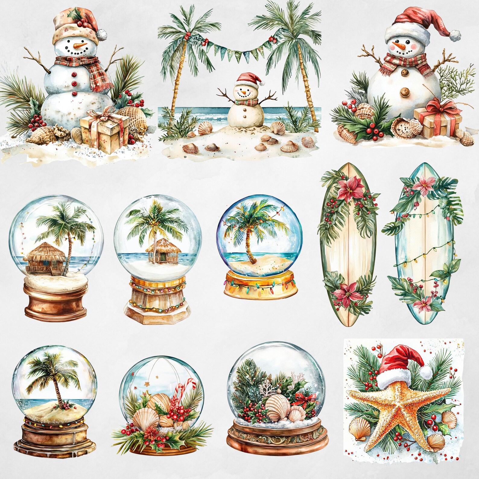 Tropical Christmas Clipart, Beach Santa, Beach Santa, Flamingo, Snowmen ...