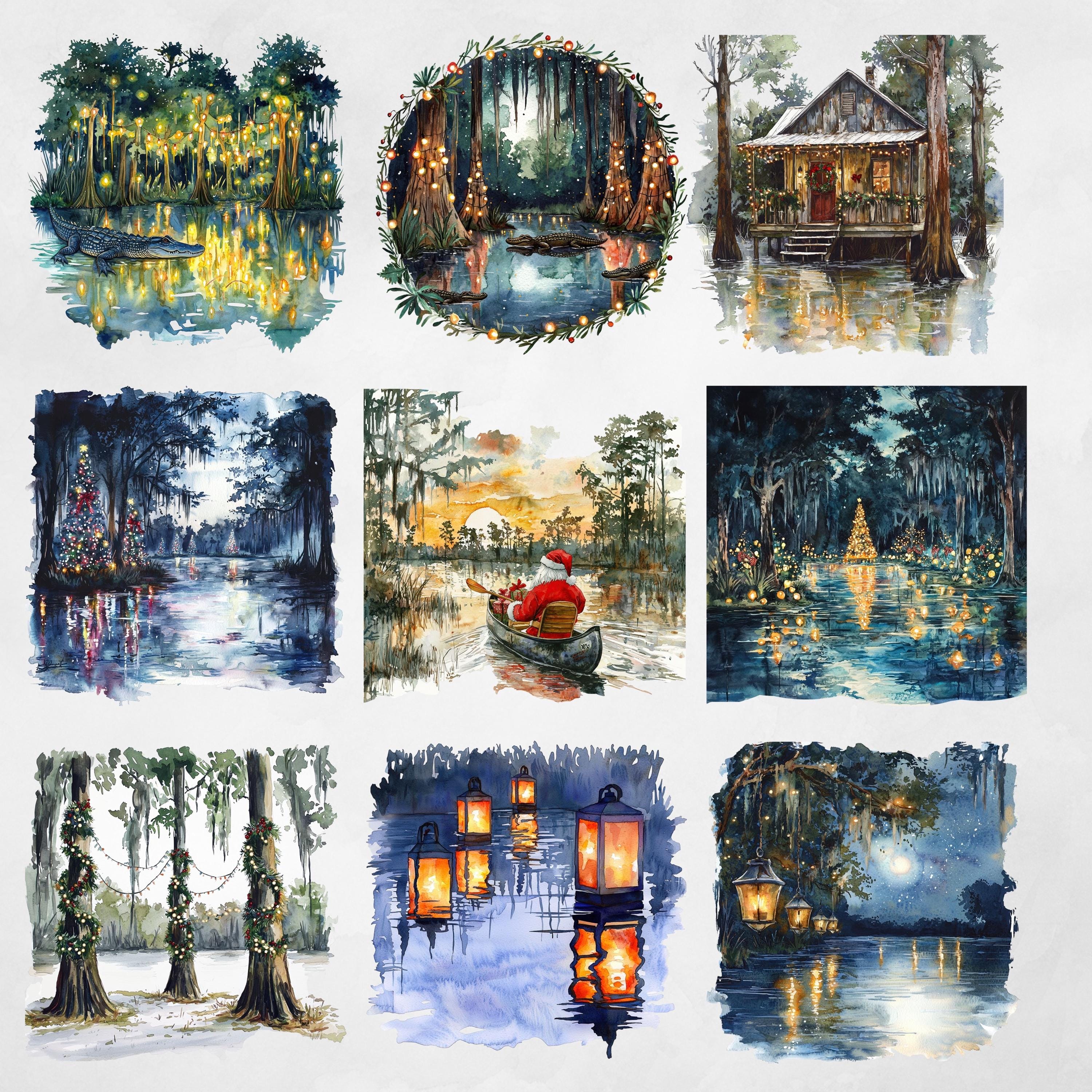 Cajun Christmas Clipart, Watercolor Cajun Santa and Alligator Clip Art ...