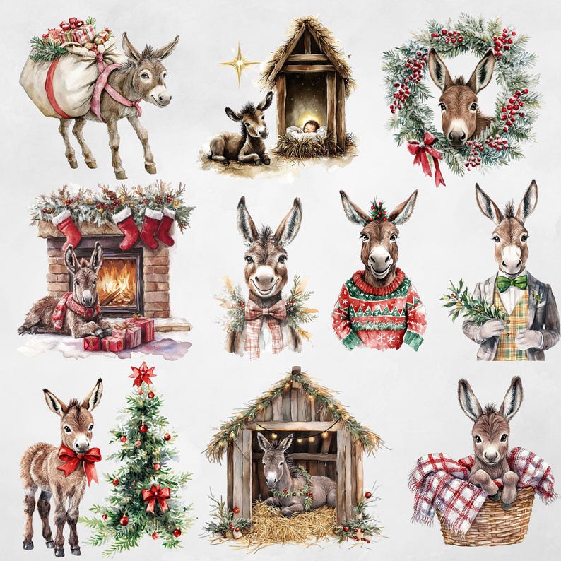 Christmas Donkey Clipart, Watercolor Donkey, Cute Farm Animal Holiday ...