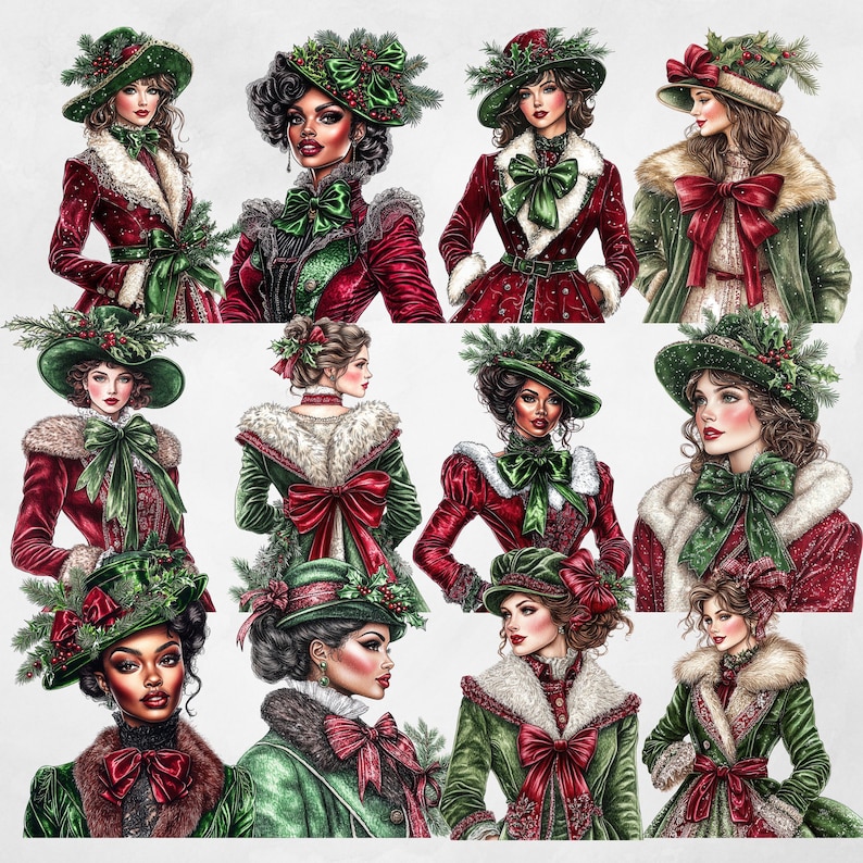 Vintage Christmas Girls Clipart | Elegant Holiday Ladies in Red & Green ...
