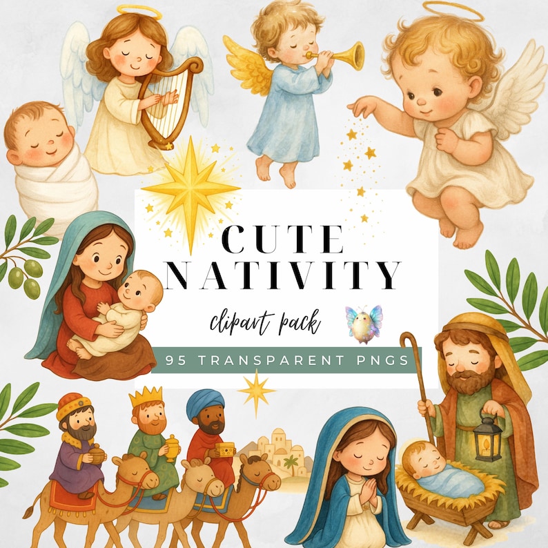Cute Nativity Scene Clipart, Watercolor Christmas Jesus Birth, Baby ...